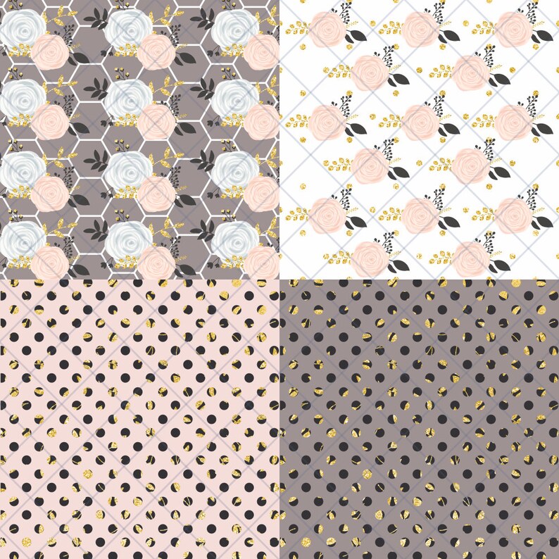 Gold Blush Floral Digital Paper: Rose Gold Backgrounds, Printable ...
