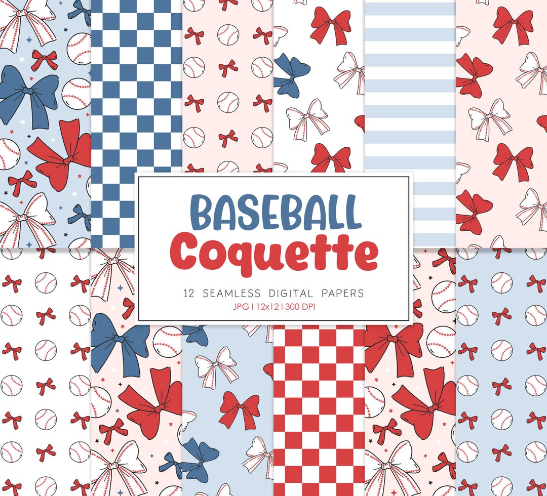 Baseball Coquette Seamless Pattern: Retro Ballpark Digital Paper (12x12 ...