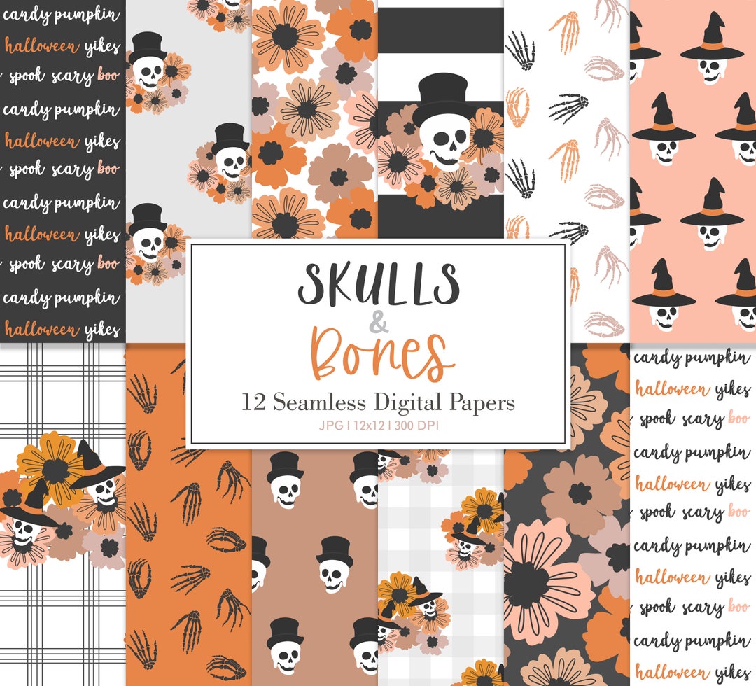 SKULLS & BONES, Boho Halloween Seamless Repeat Pattern, Skeleton ...