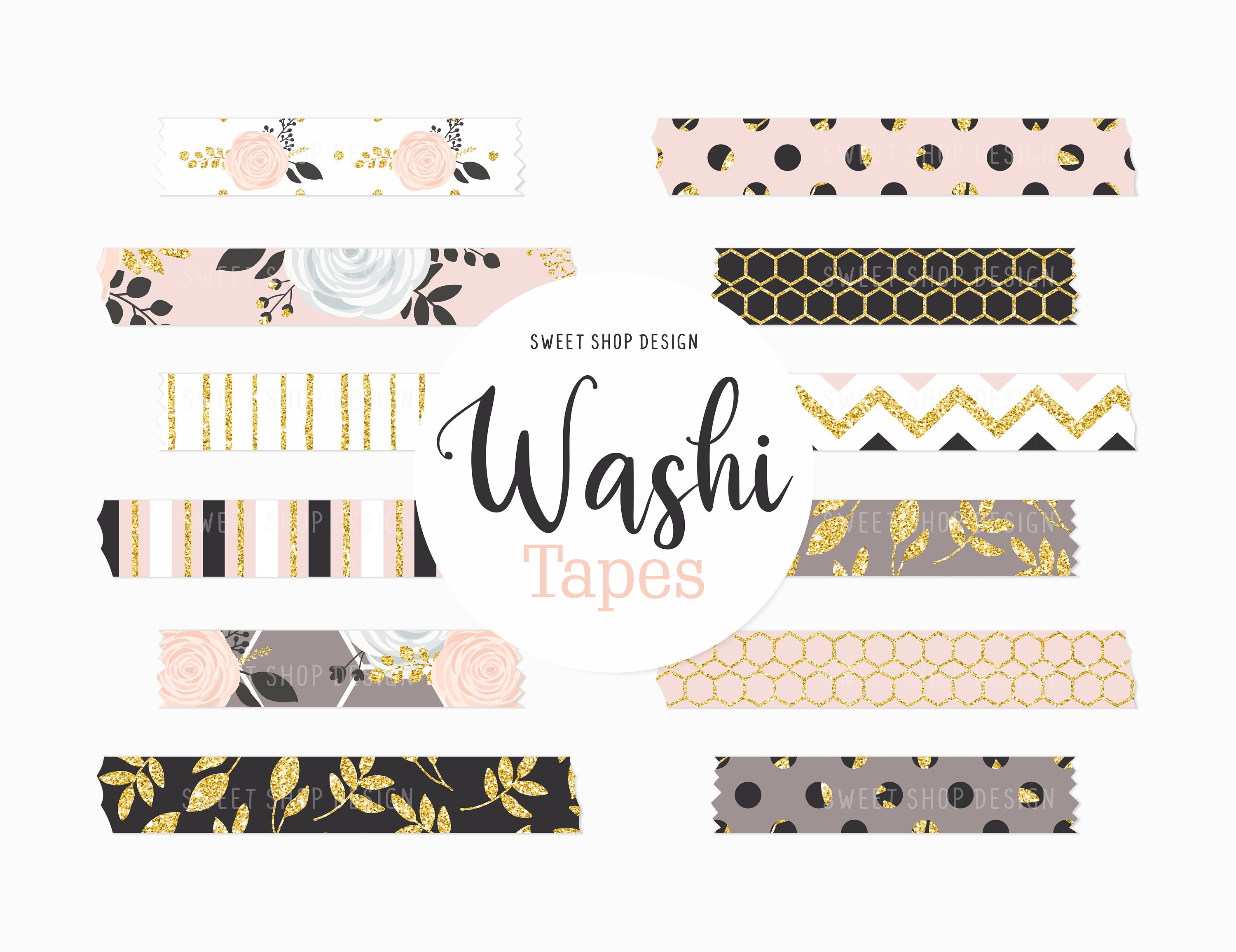Digital Washi Tape Clipart GOLD BLUSH FLORAL Graphics with | Etsy