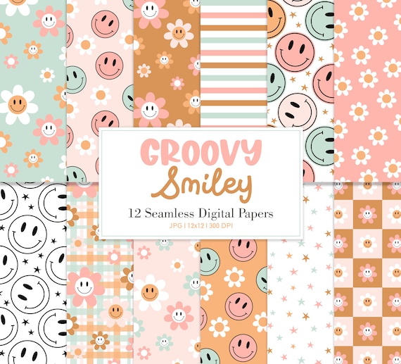 GROOVY RETRO, Retro Happy Face Seamless Pattern, Smile Face Retro ...