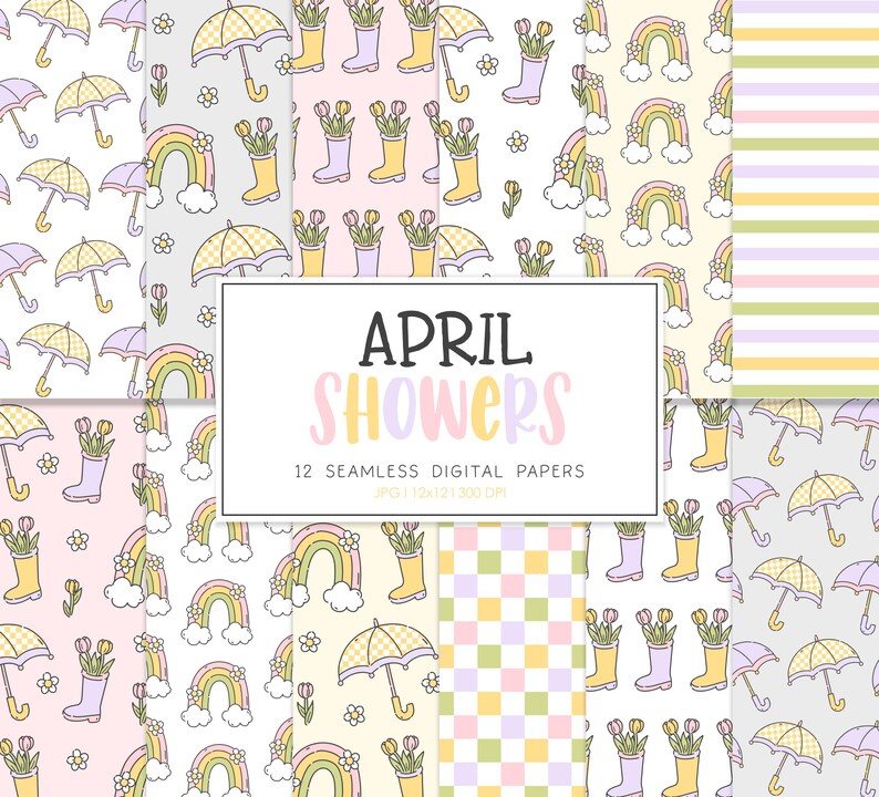 APRIL SHOWERS, Spring Floral Seamless Repeat Pattern, Retro Backgrounds ...