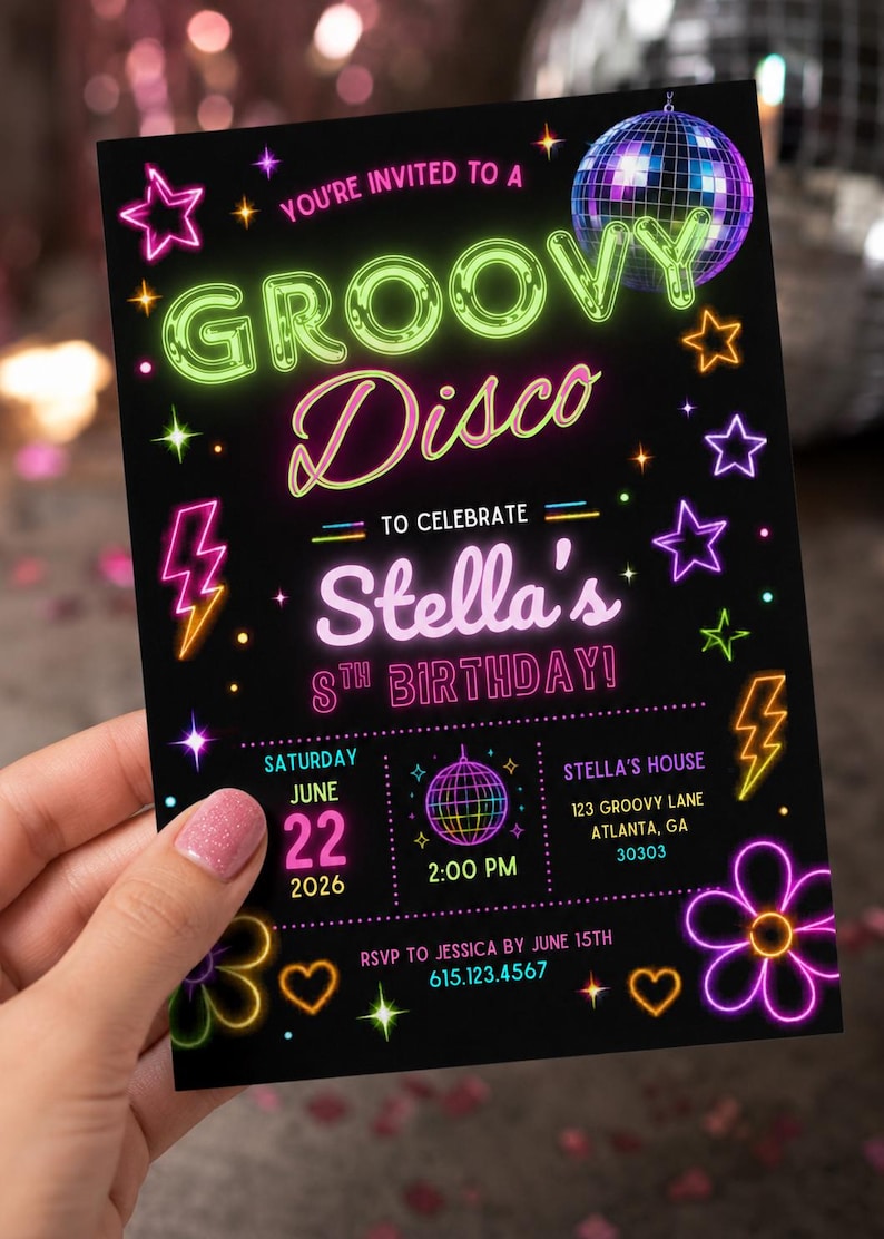 Groovy Disco Birthday Invitation Template | Neon Disco Party Invite ...