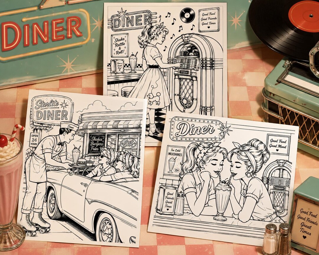 Retro Diner Coloring Pages - Etsy UK