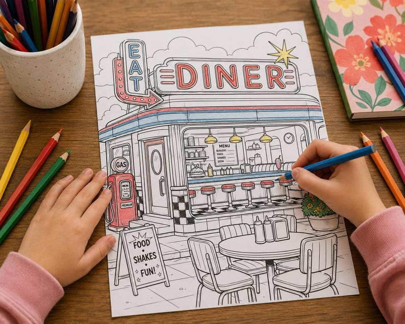 Retro Diner Coloring Pages - Etsy UK