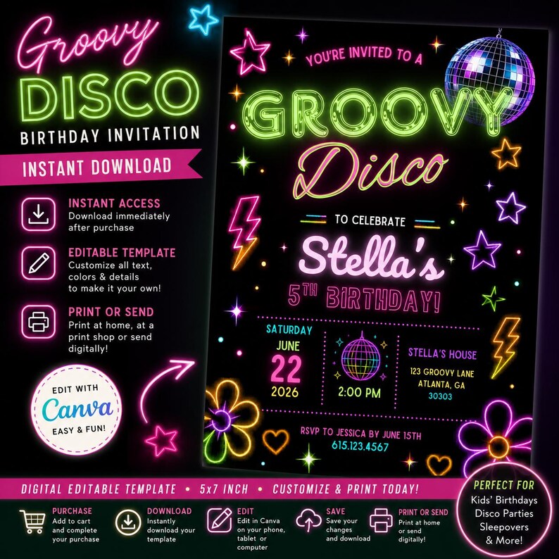 Groovy Disco Birthday Invitation Template | Neon Disco Party Invite ...