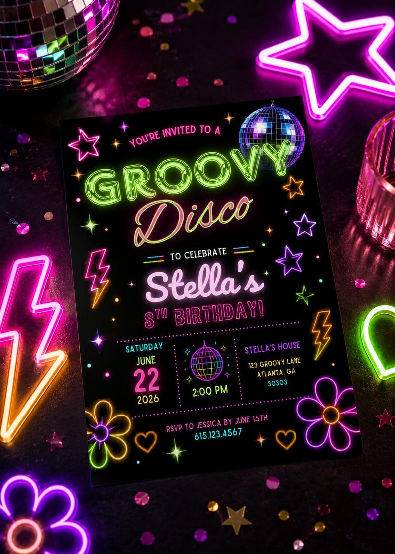 Groovy Disco Birthday Invitation Template | Neon Disco Party Invite ...