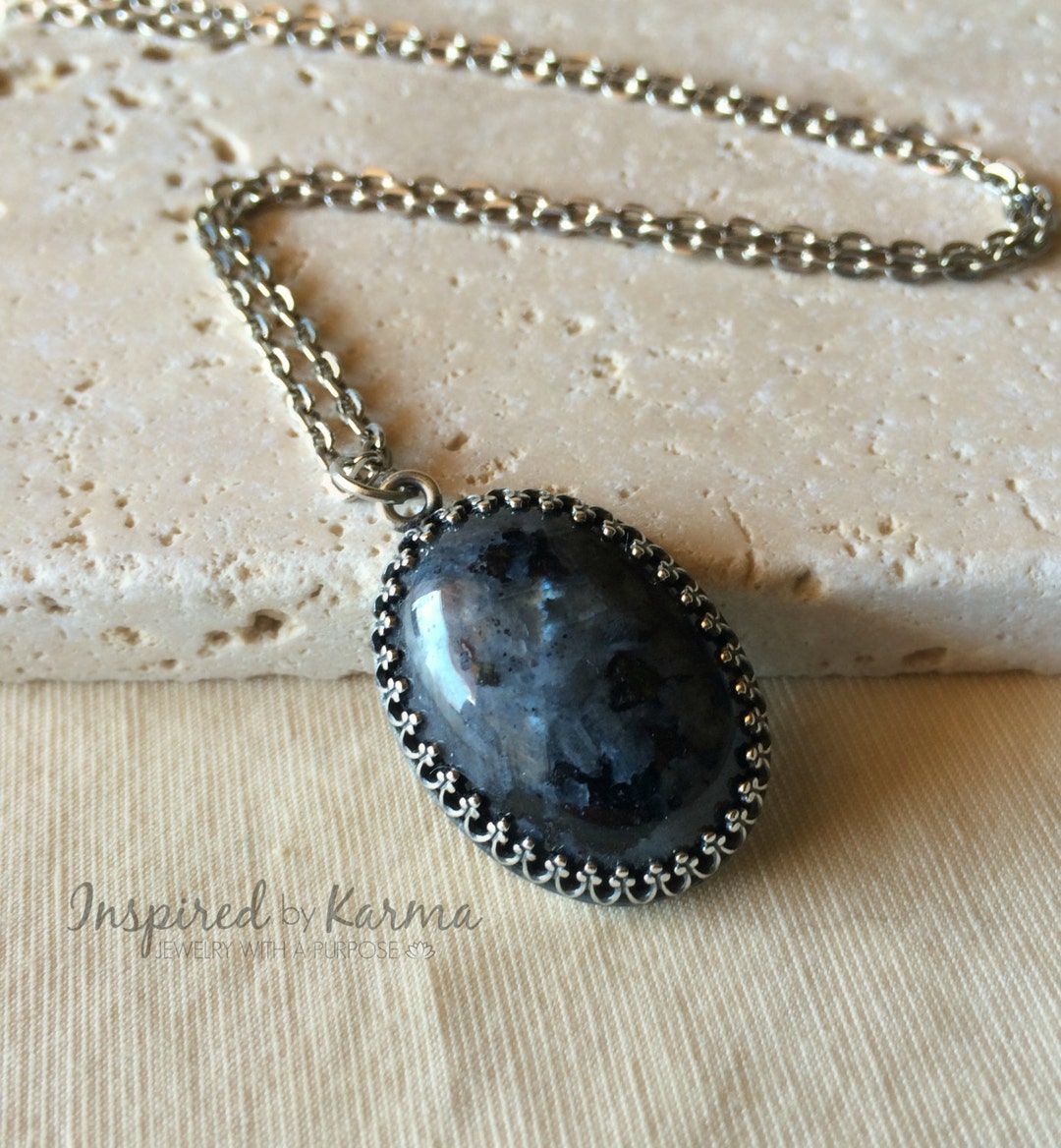 Larvikite Necklace, Black Moonstone, Silver Necklace, Oval Gemstone ...