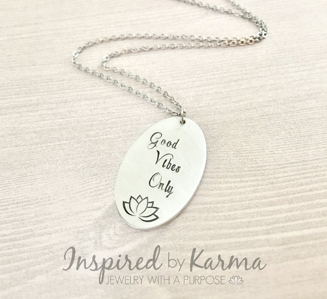 Hand Stamped 'good Vibes Only' Aluminum Necklace: Lotus Flower ...