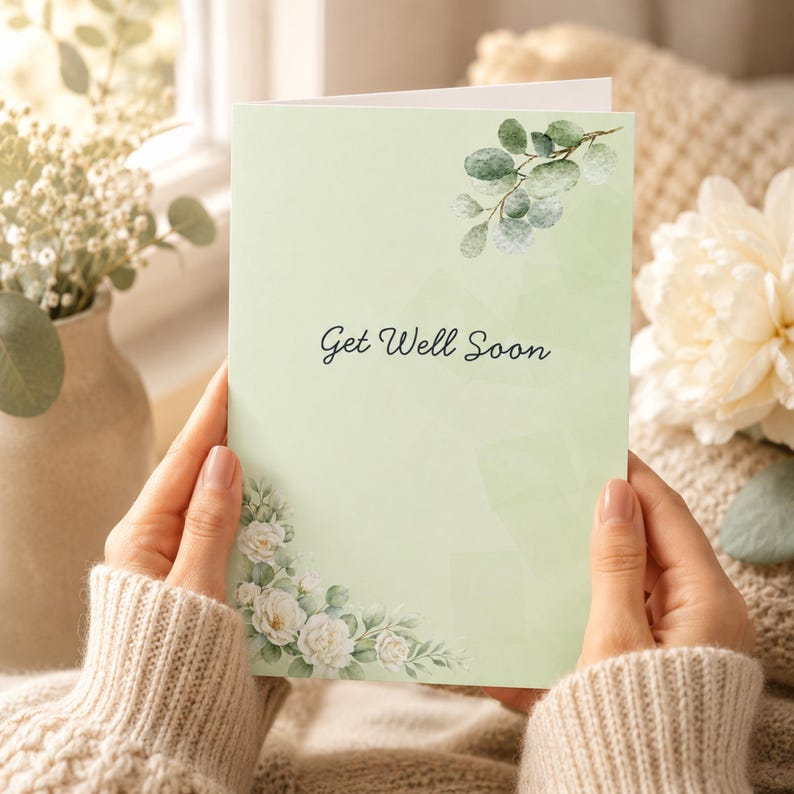 Floral Get Well Soon Card, Sage Green Recovery Greeting, Soft Neutral ...