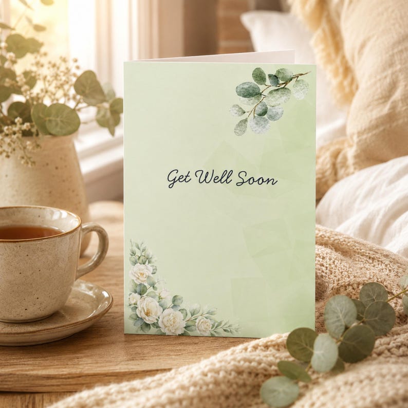 Floral Get Well Soon Card, Sage Green Recovery Greeting, Soft Neutral ...