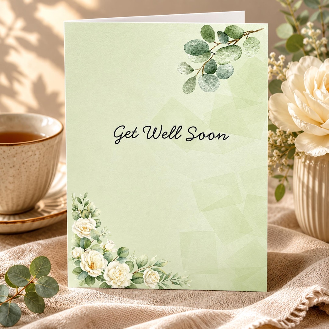 Floral Get Well Soon Card, Sage Green Recovery Greeting, Soft Neutral ...