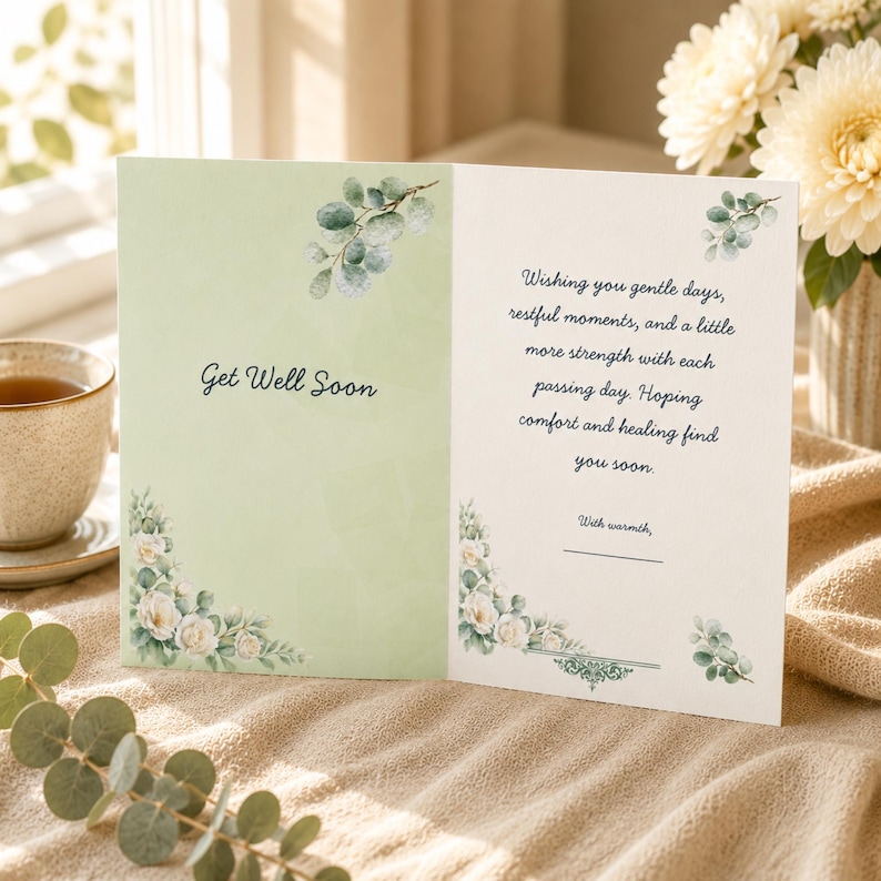 Floral Get Well Soon Card, Sage Green Recovery Greeting, Soft Neutral ...