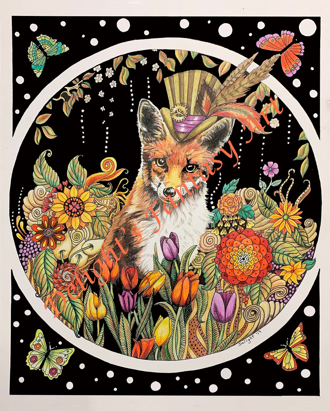 Foxy, 22x26, Steampunk Fox, Zentangle Flowers, Fox Art, Fox Drawing ...