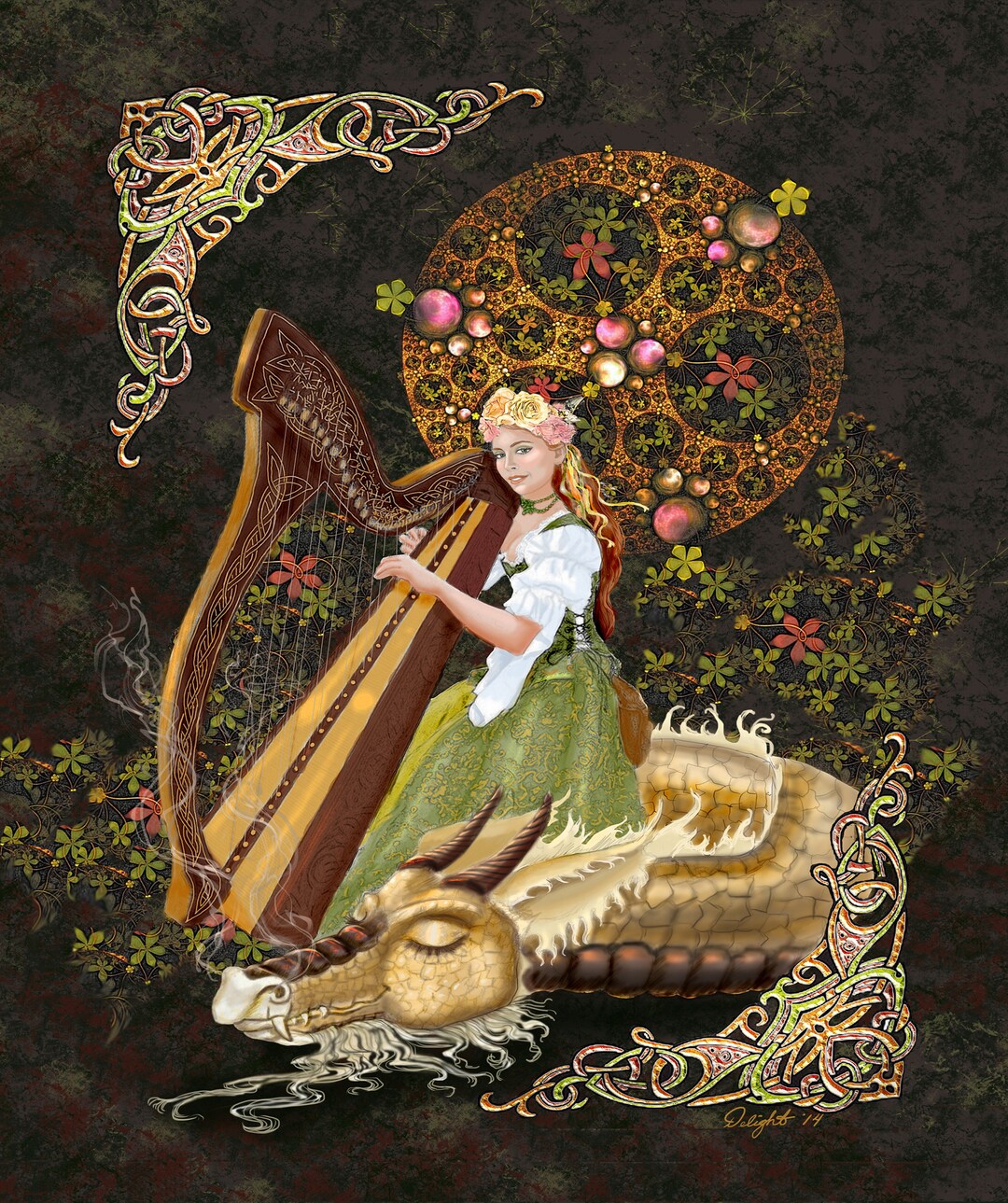 Harpist and Dragon, Neoprene Mouse Pad, Celtic Maid, Moonlight Maid ...