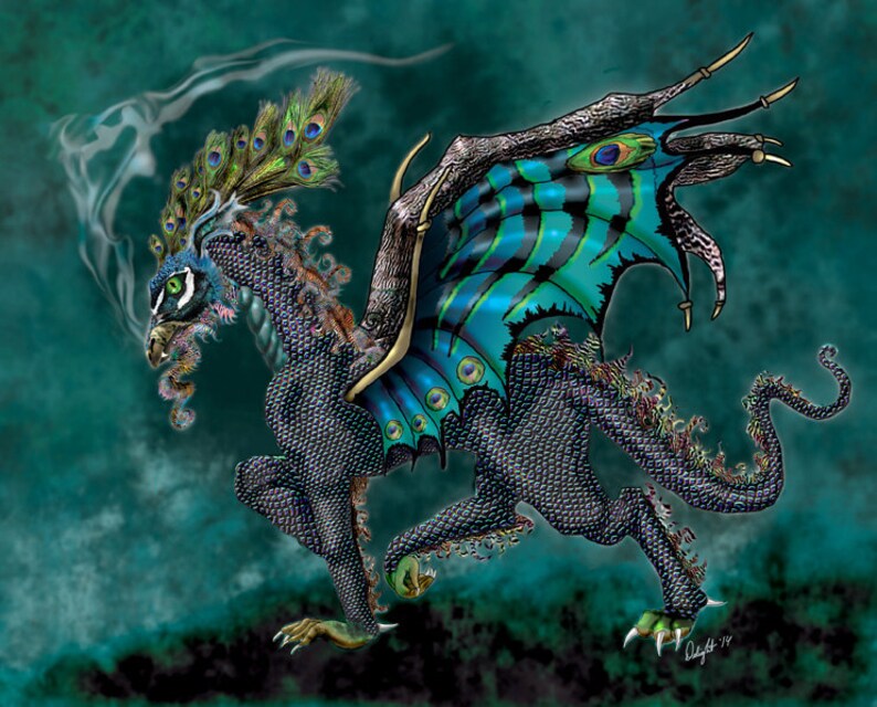 Peacock Dragon 16x20 print double matted limited edition | Etsy