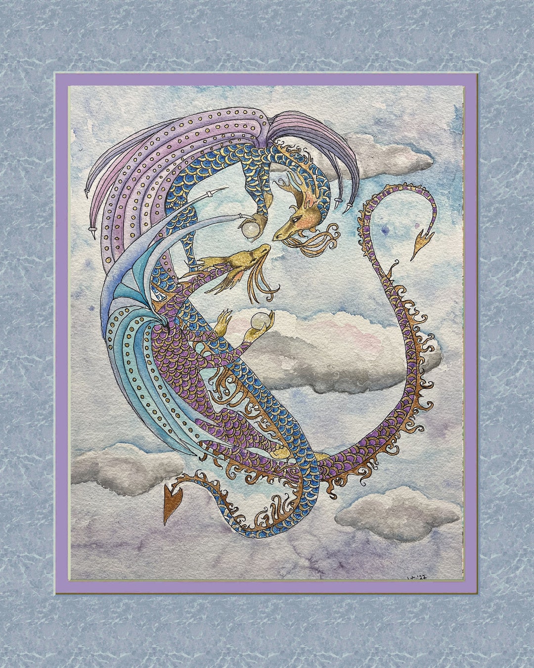 8x10 Frame Size, Double Faux Mat, Frame Ready, Backed, Gemini Dragons ...