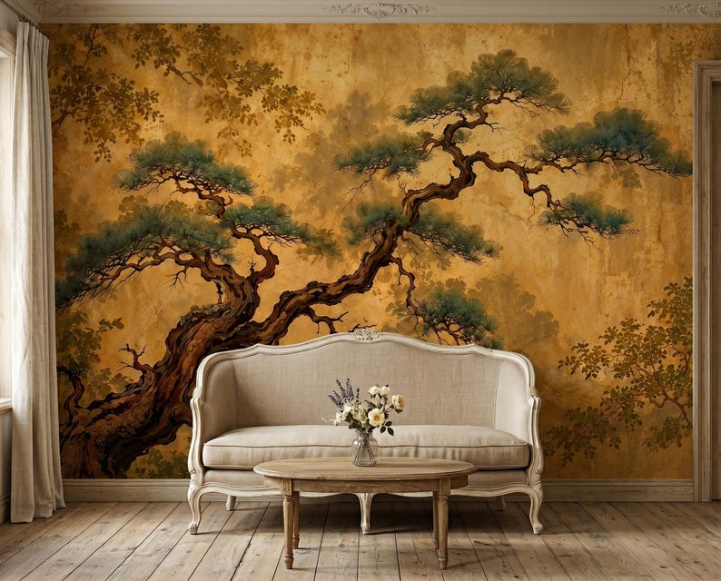 Golden Pine Tree Wallpaper Peel and Stick: Vintage Botanical Wall Mural ...