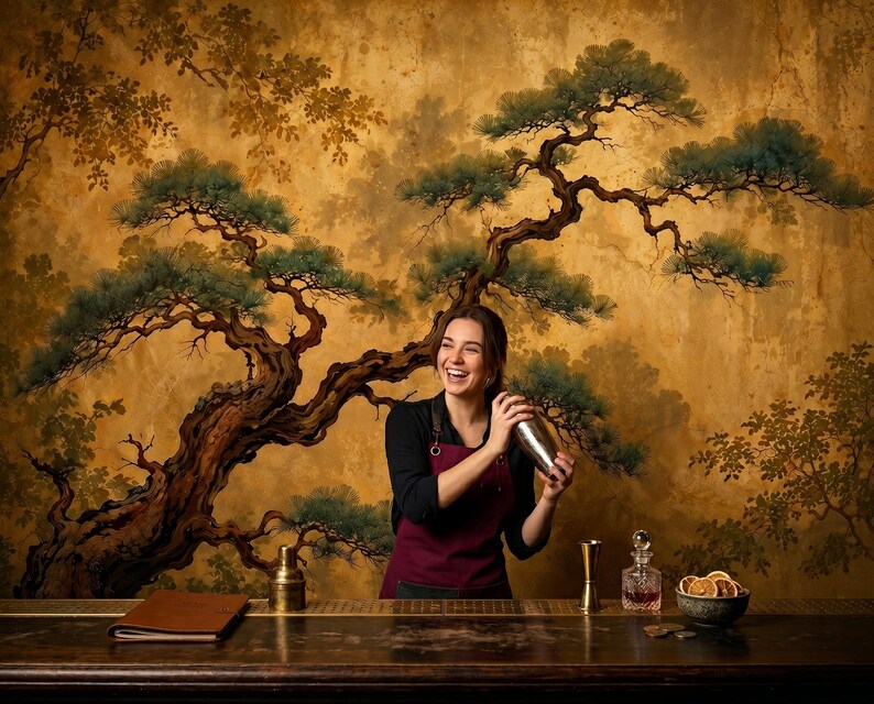 Golden Pine Tree Wallpaper Peel and Stick: Vintage Botanical Wall Mural ...