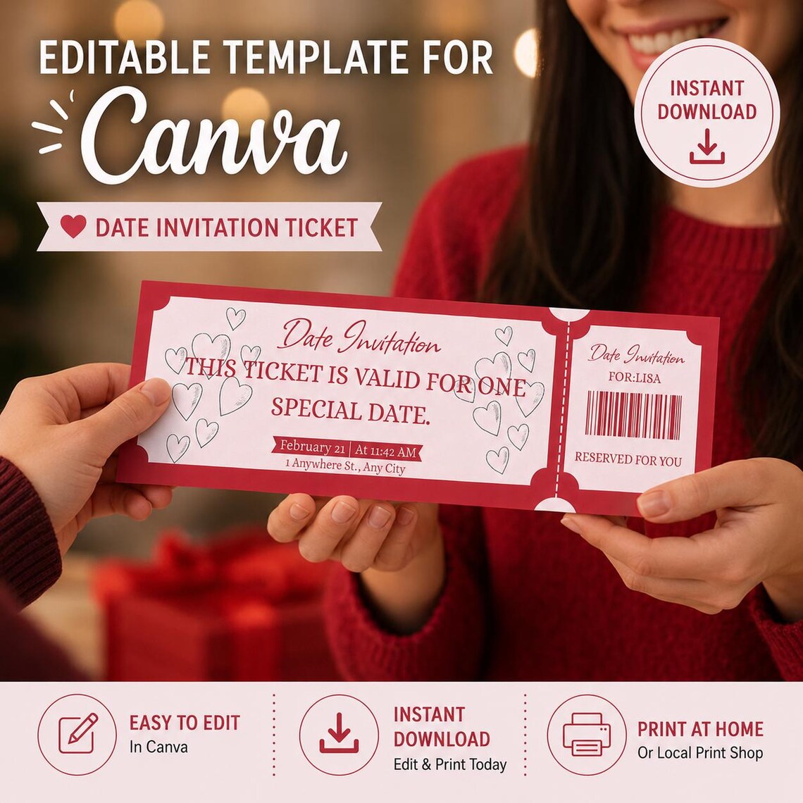 Editable Date Invitation Ticket Template, Romantic Canva Gift Voucher ...
