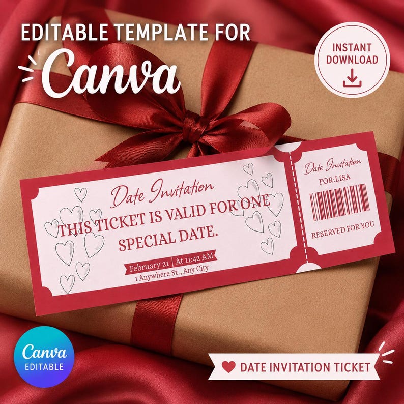 Editable Date Invitation Ticket Template, Romantic Canva Gift Voucher ...