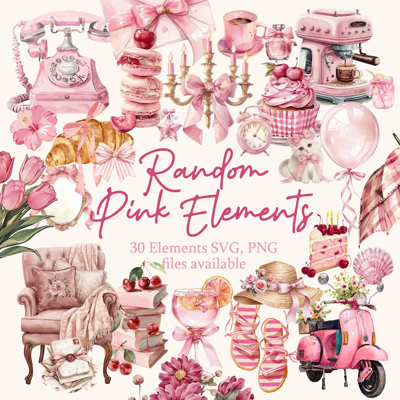 Pink Coquette Clipart Bundle | Watercolor Elements, Bows, Cakes ...
