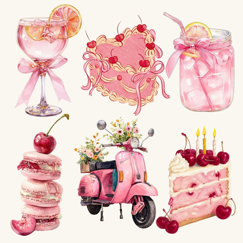 Pink Coquette Clipart Bundle | Watercolor Elements, Bows, Cakes ...
