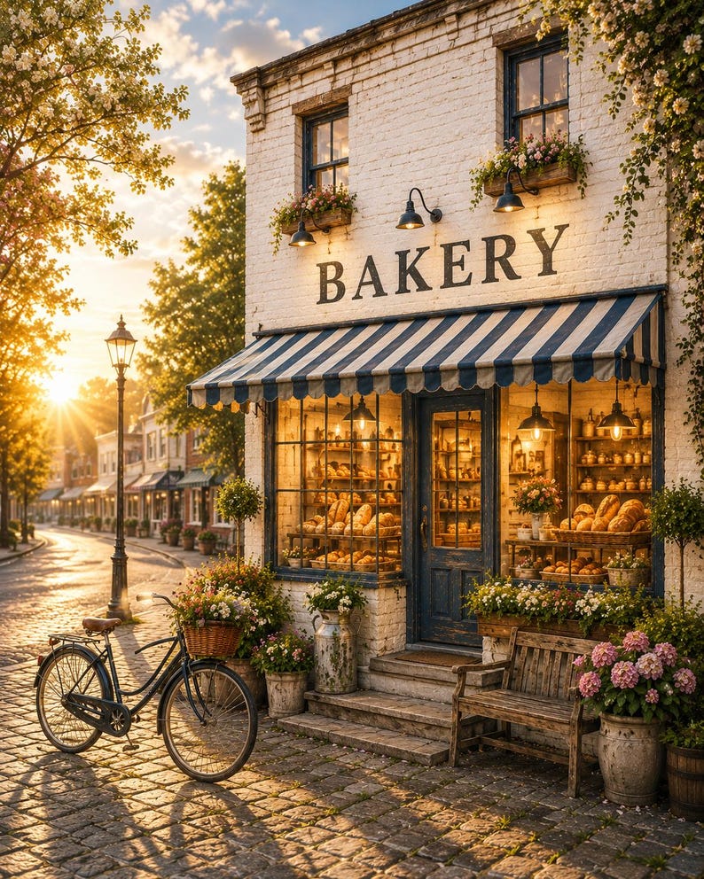 Bakery at Sunrise Print, French Country Cottage Kitchen Art (digital ...
