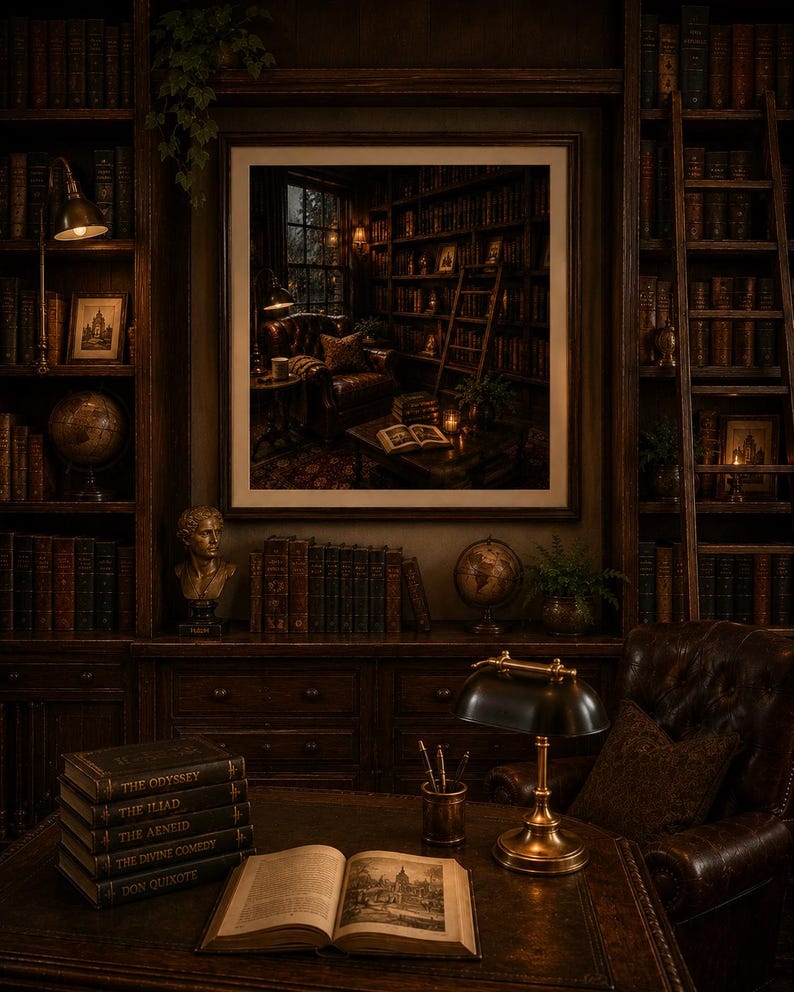 Vintage Library Reading Room Art, Cozy Book Lover Decor (digital ...