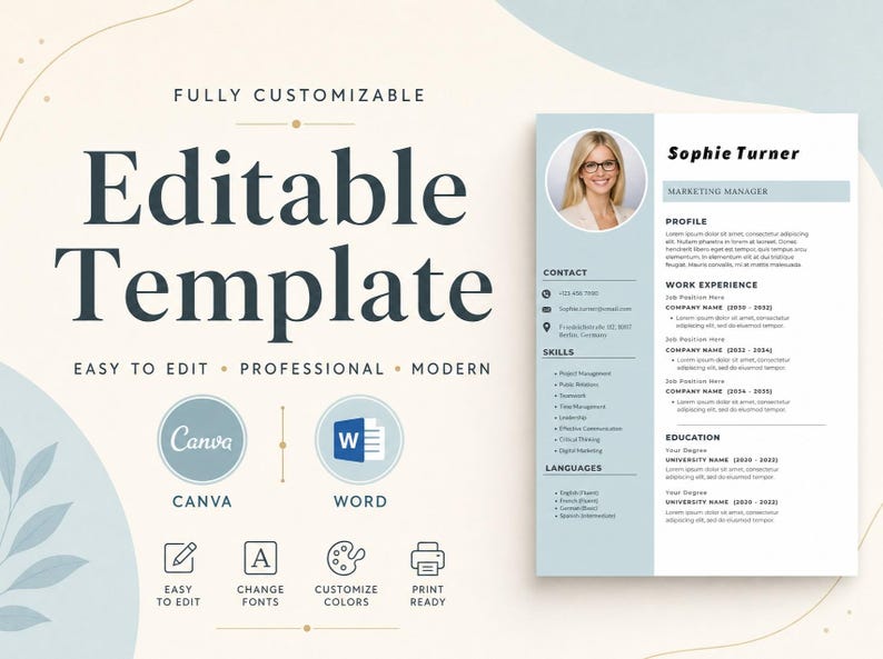 Editable Resume Template Canva & Word, ATS Friendly CV Template ...