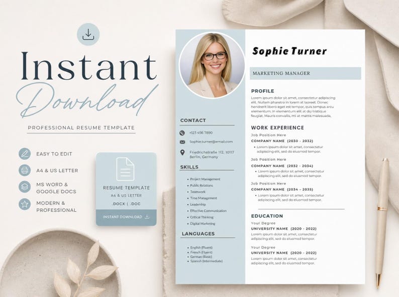 Editable Resume Template Canva & Word, ATS Friendly CV Template ...