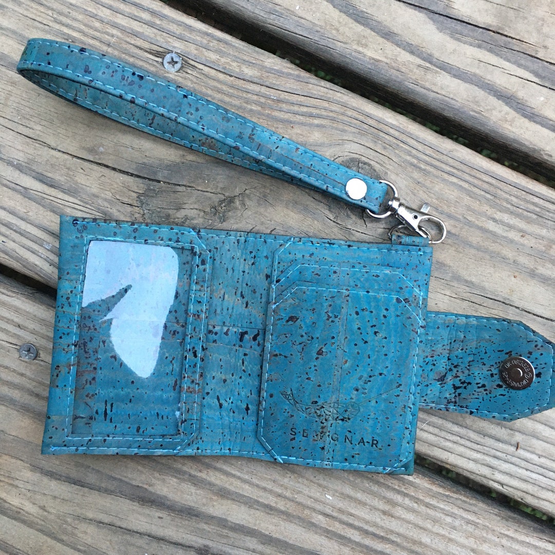 Aqua Blue Cork Wallet: Slim Vegan Bifold With Key Fob - Etsy