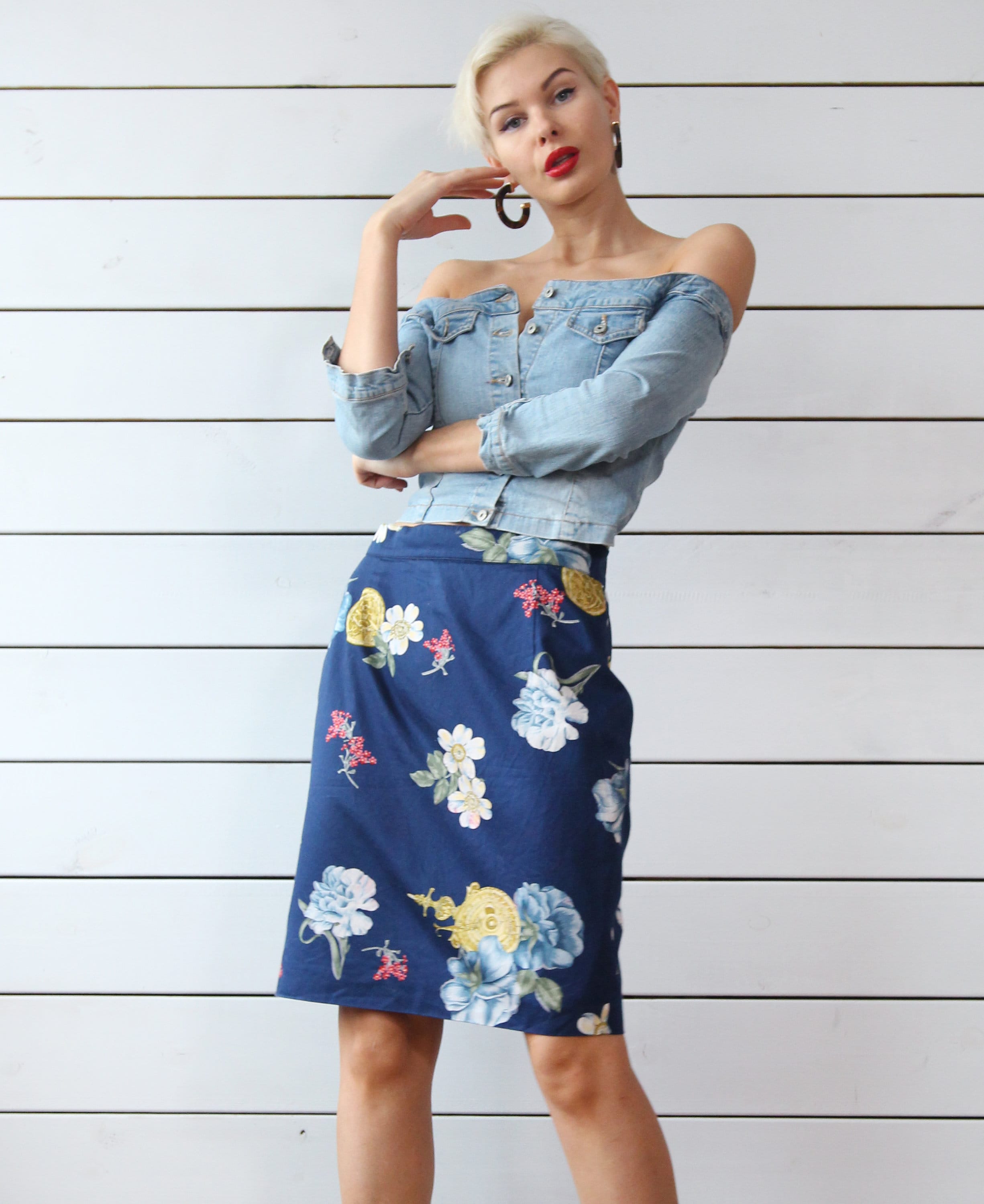 BARONI Italian Vintage Blue Floral Print Cotton High Waist Fitted ...