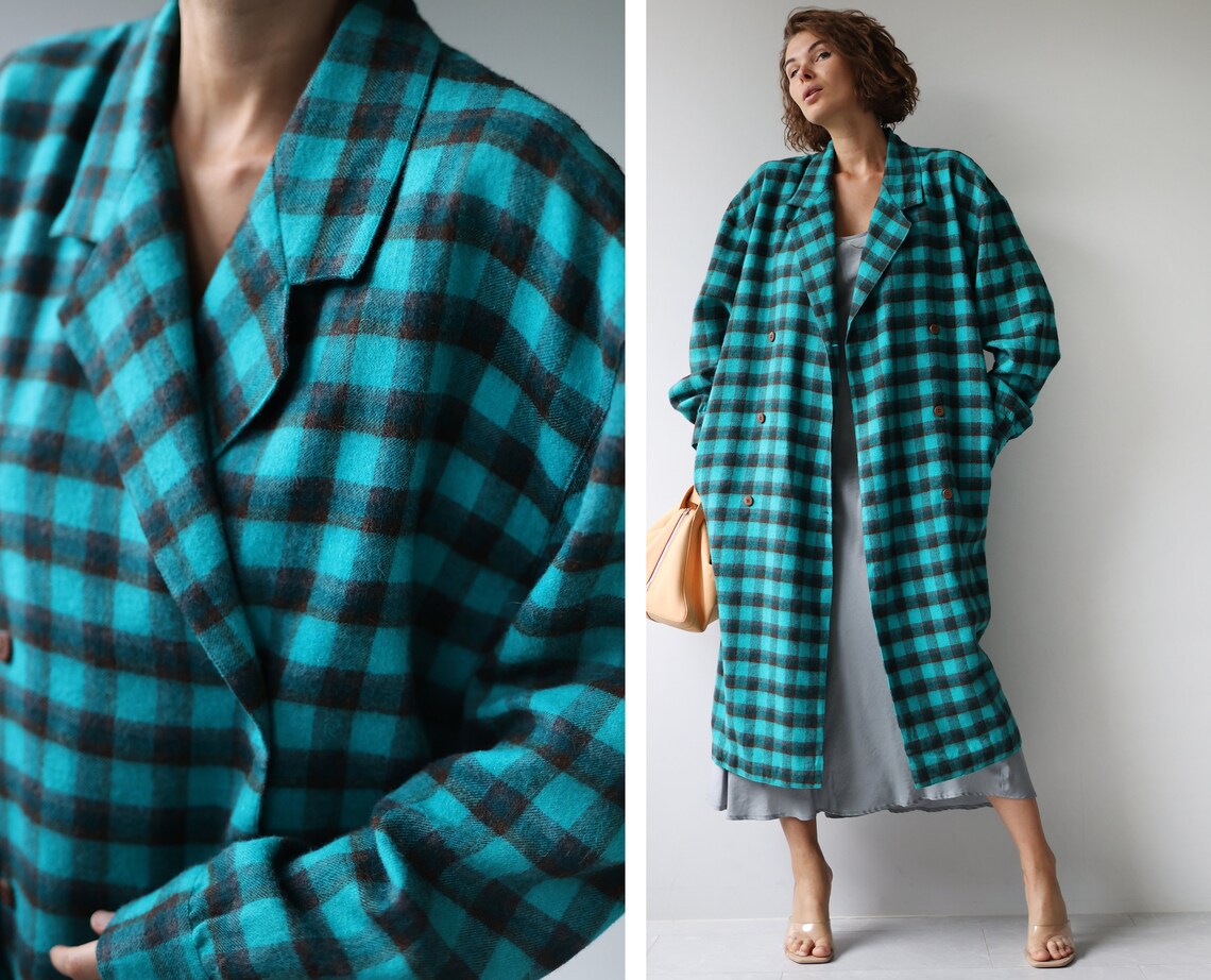 Italian Vintage Turquoise Plaid Wool Unlined Trapeze Maxi - Etsy