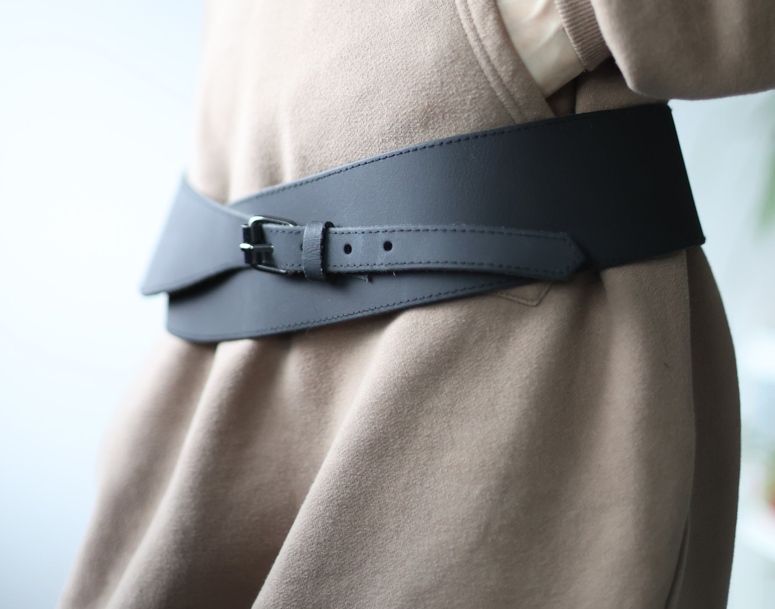 Vintage grey thick leather wide waist hip belt | Etsy