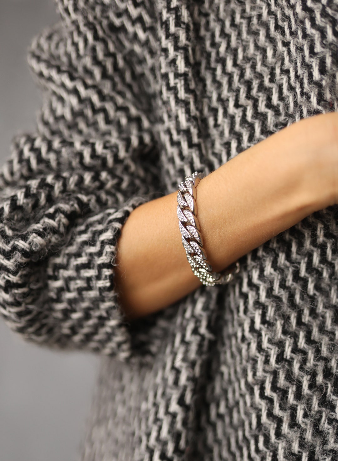 Vintage Chunky Silver Tone Metal Heavy Chain Rhinestone Bracelet - Etsy