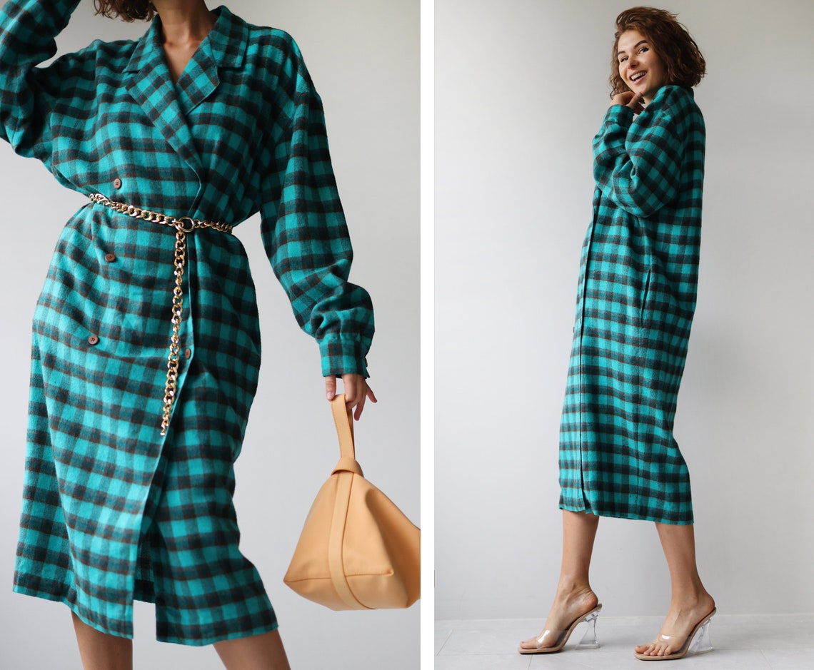 Italian Vintage Turquoise Plaid Wool Unlined Trapeze Maxi - Etsy