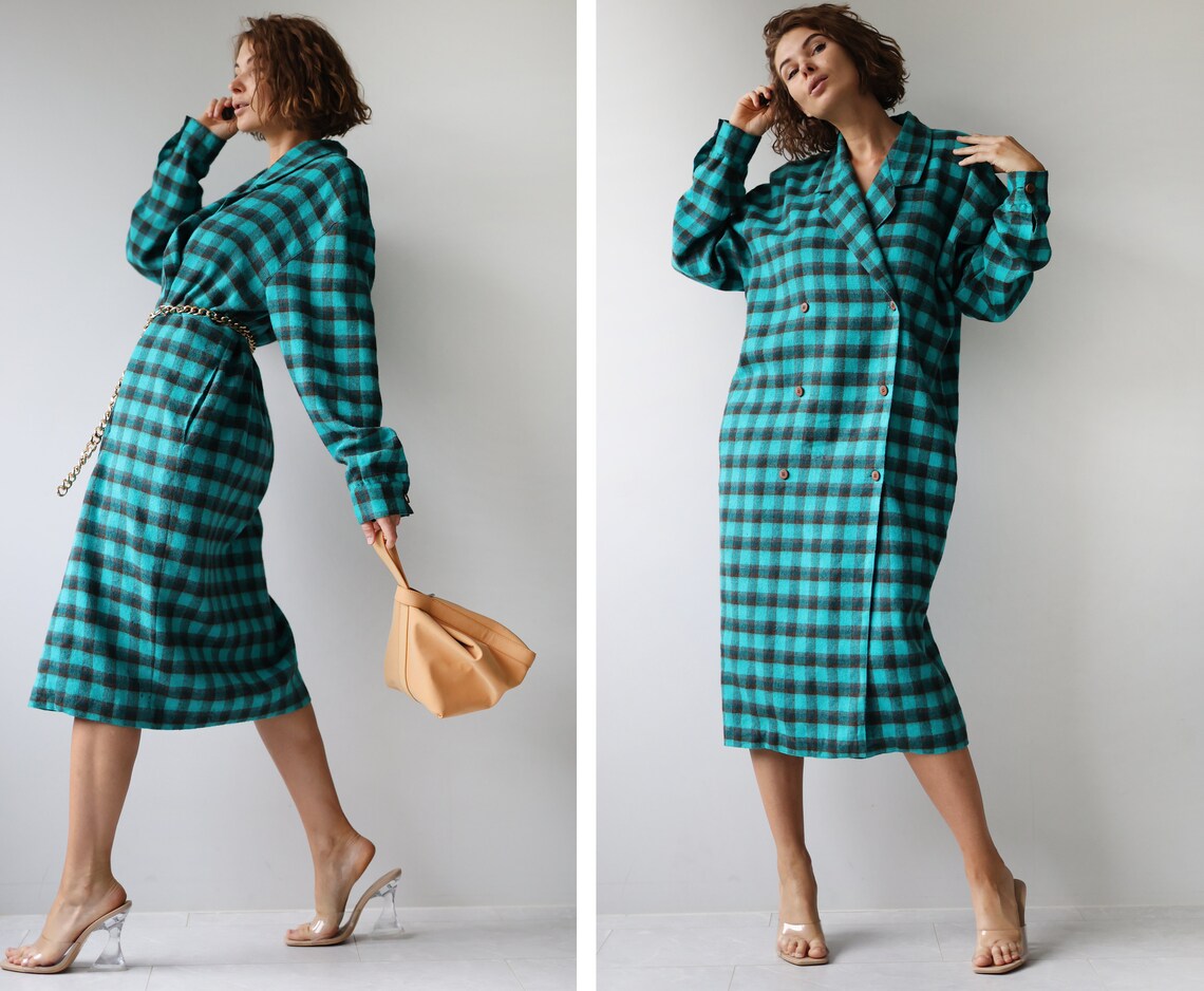 Italian Vintage Turquoise Plaid Wool Unlined Trapeze Maxi - Etsy