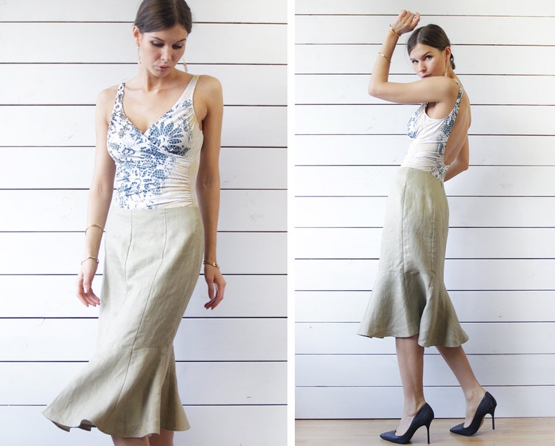 Vintage beige linen high waist hip hugger gored hem pencil | Etsy