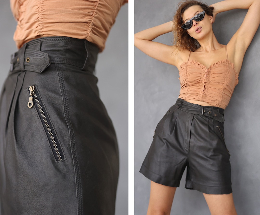 Mini-short vintage noir en cuir véritable souple à taille haute avec ...