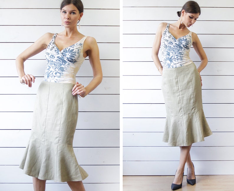 Vintage beige linen high waist hip hugger gored hem pencil | Etsy