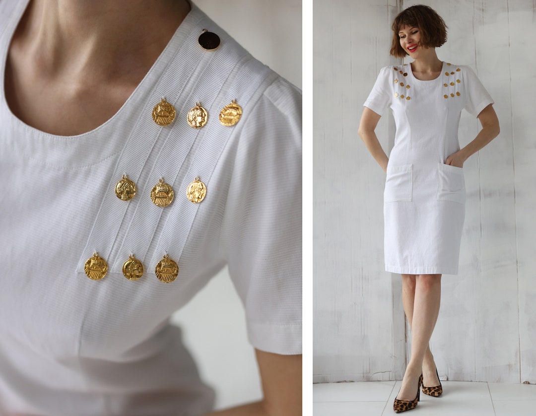 Vintage White Gold Coin Decor Short Sleeve Knee Length Midi Dress S - Etsy