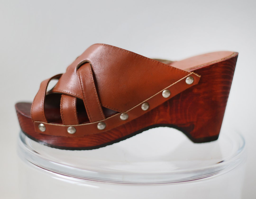 Soviet Vintage Brown Leather Wood Platform Clog Shoes 36 6 - Etsy