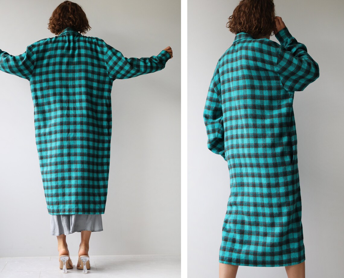 Italian Vintage Turquoise Plaid Wool Unlined Trapeze Maxi - Etsy
