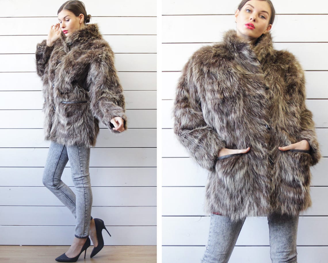 80s Vintage Shaggy Fuzzy Genuine Fur Grey Brown Long Sleeve - Etsy