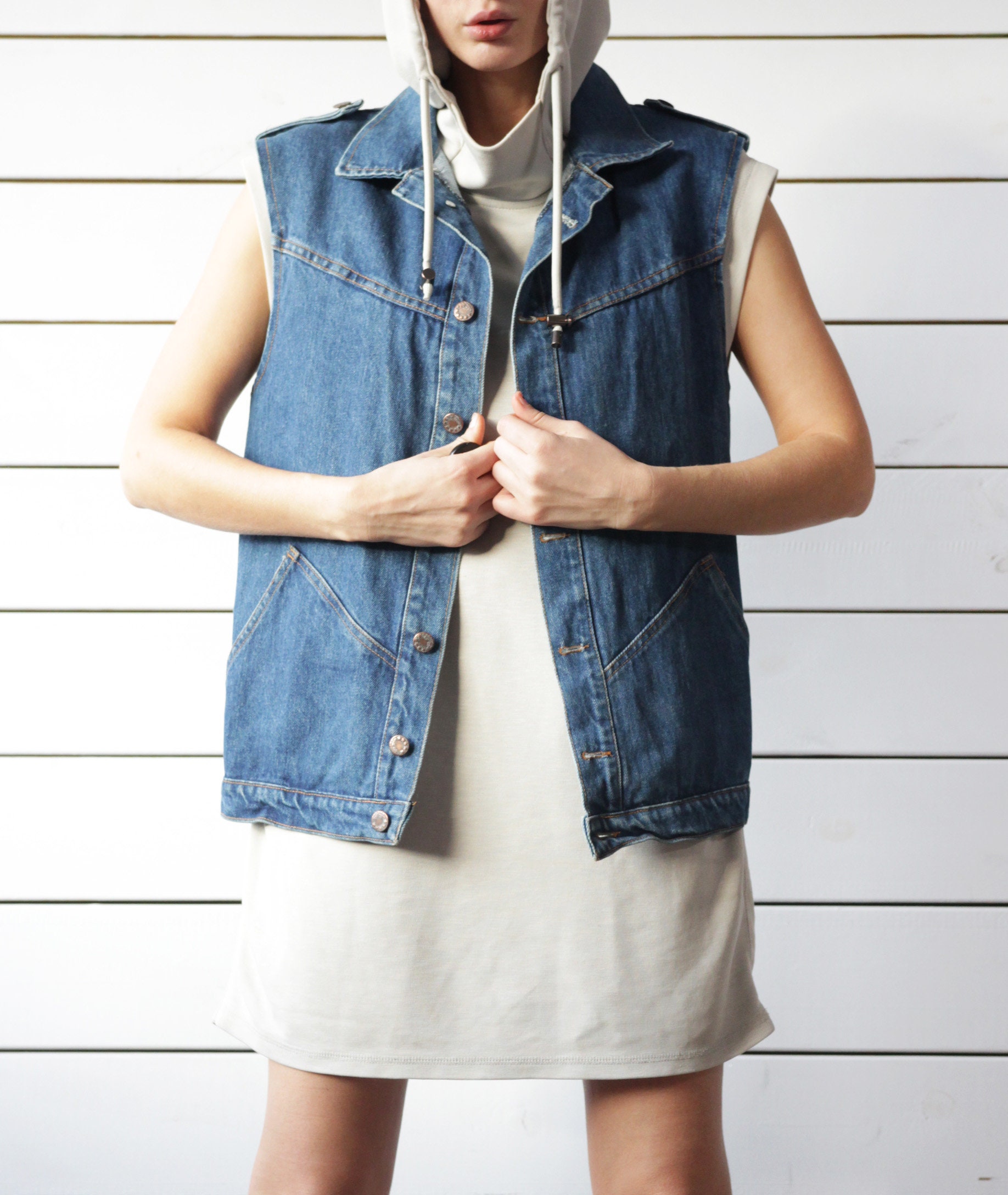 Unisex Vintage Blue Denim Sleeveless Jacket Casual Biker Style - Etsy