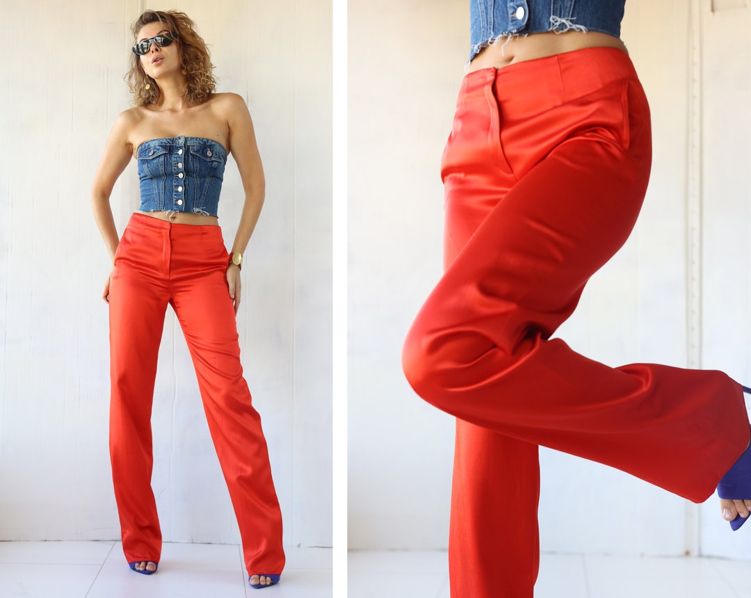 CERRUTI Vintage Red Silk Satin Wide Leg Straight Trousers Pants S - Etsy