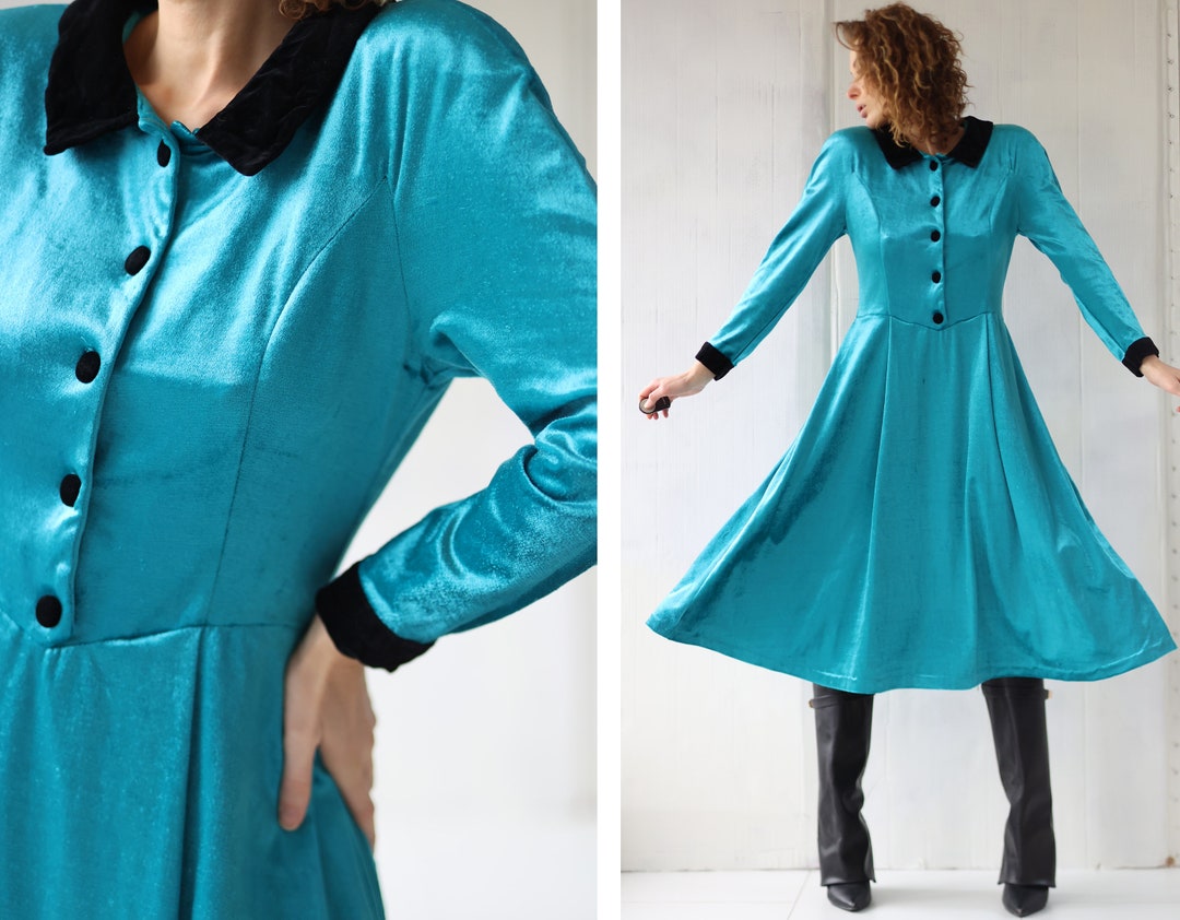 Vintage Turquoise Blue Velvet Long Sleeve Midi Dress - Etsy