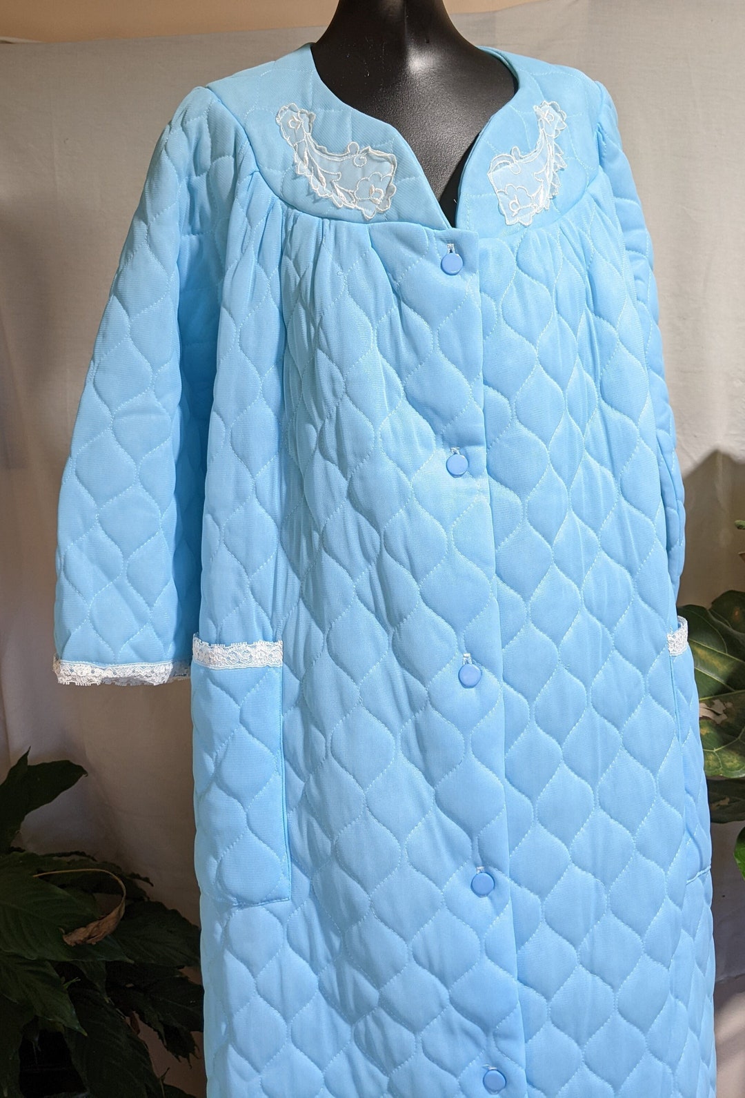 Cozy Blue Nylon Quilted Vintage Robe With White Lace Trim, Winter ...