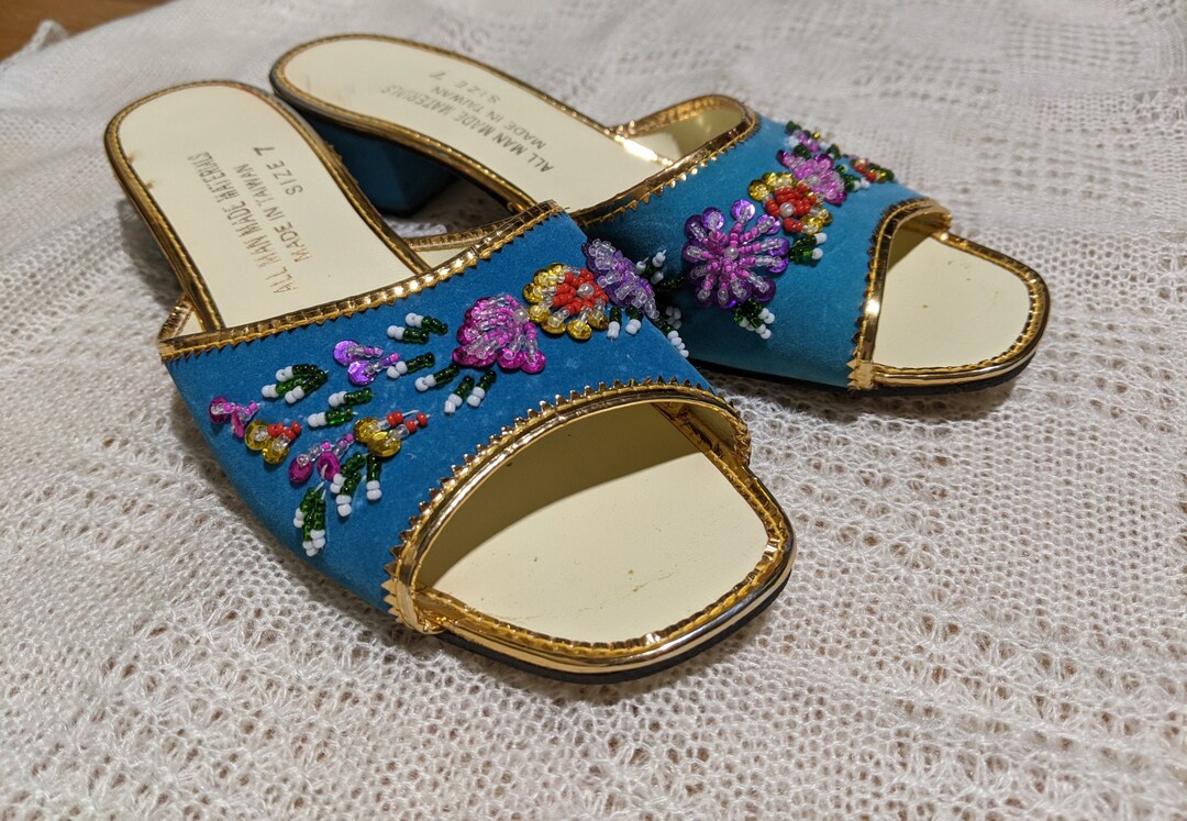 Vintage House Slippers Beach Made in Taiwan 1970s Blue Mules Slip Ons ...